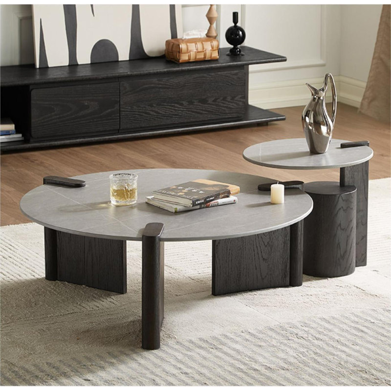 Danyella Round Coffee Table 35in 2 Part Unique Modern Grey Sintered Stone with Solid Wood Leg
